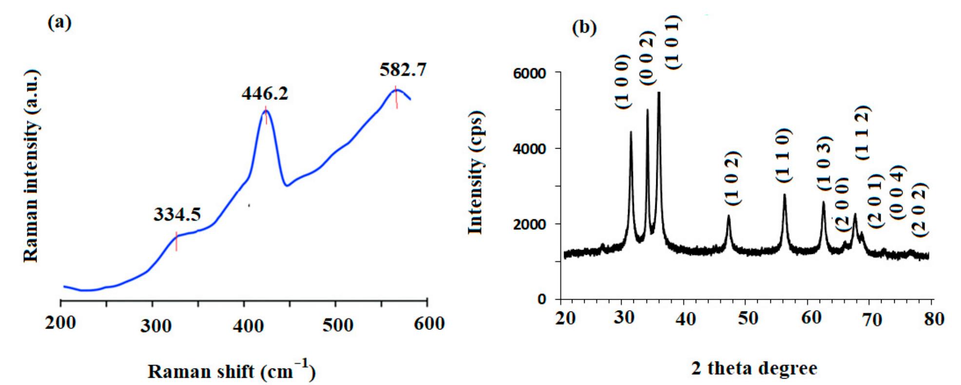 (a) raman shift spectrum and (b) xrd pattern of znonps