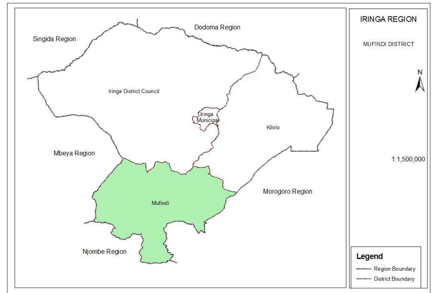 Map of iringa region showing mufindi district.*° kilometres)