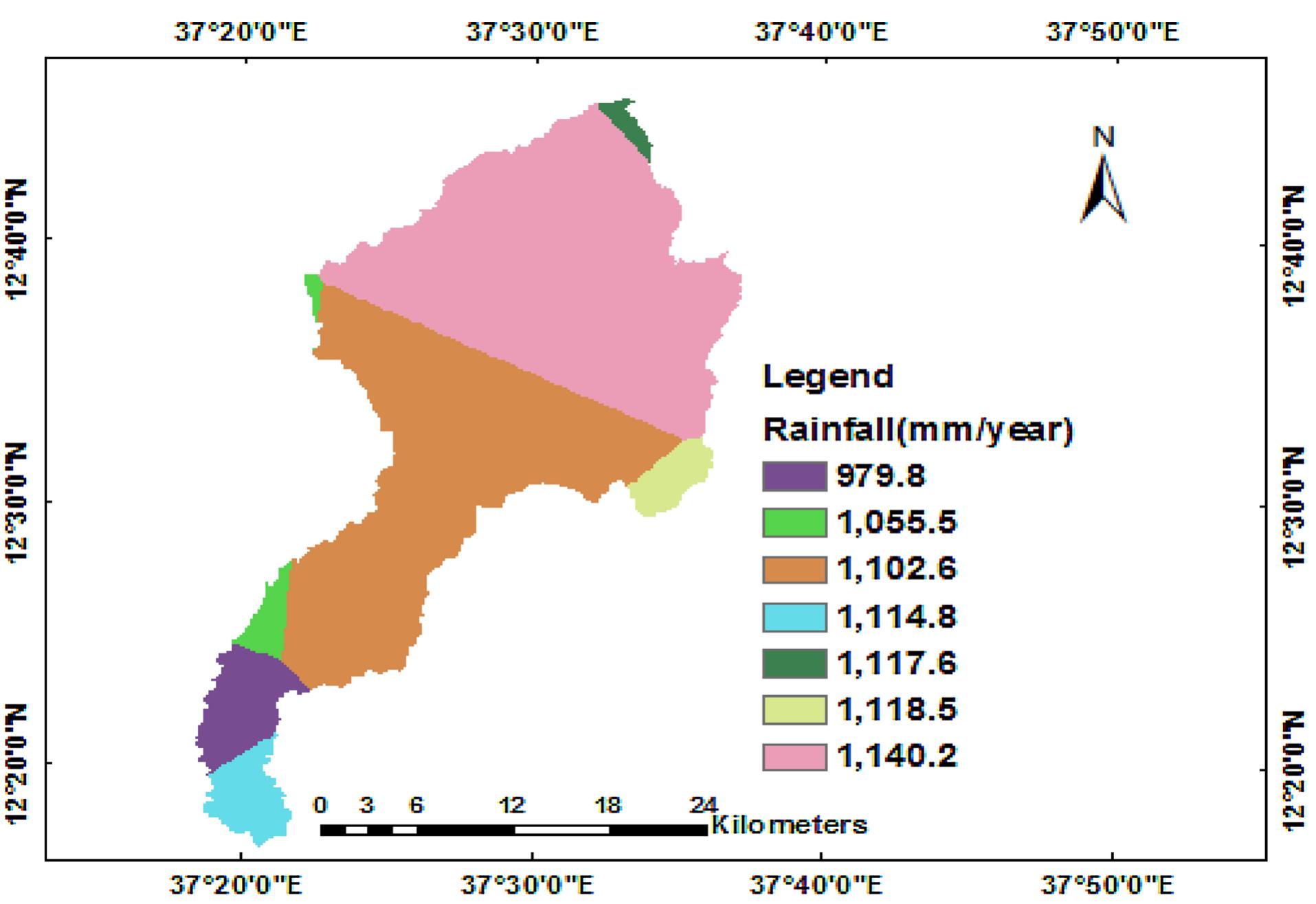 Average annual areal rainfall map of megech watershed.