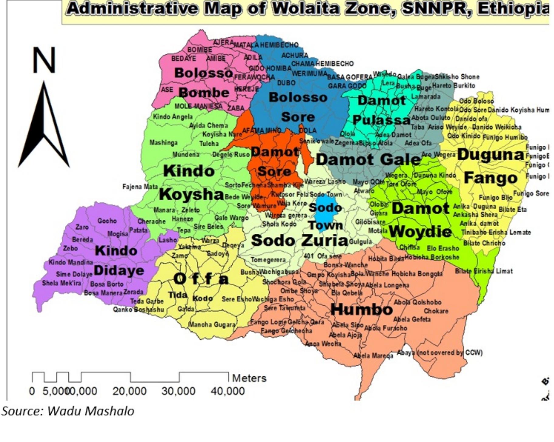 Administrative map of wolaita zone, snnpr, ethiopia.