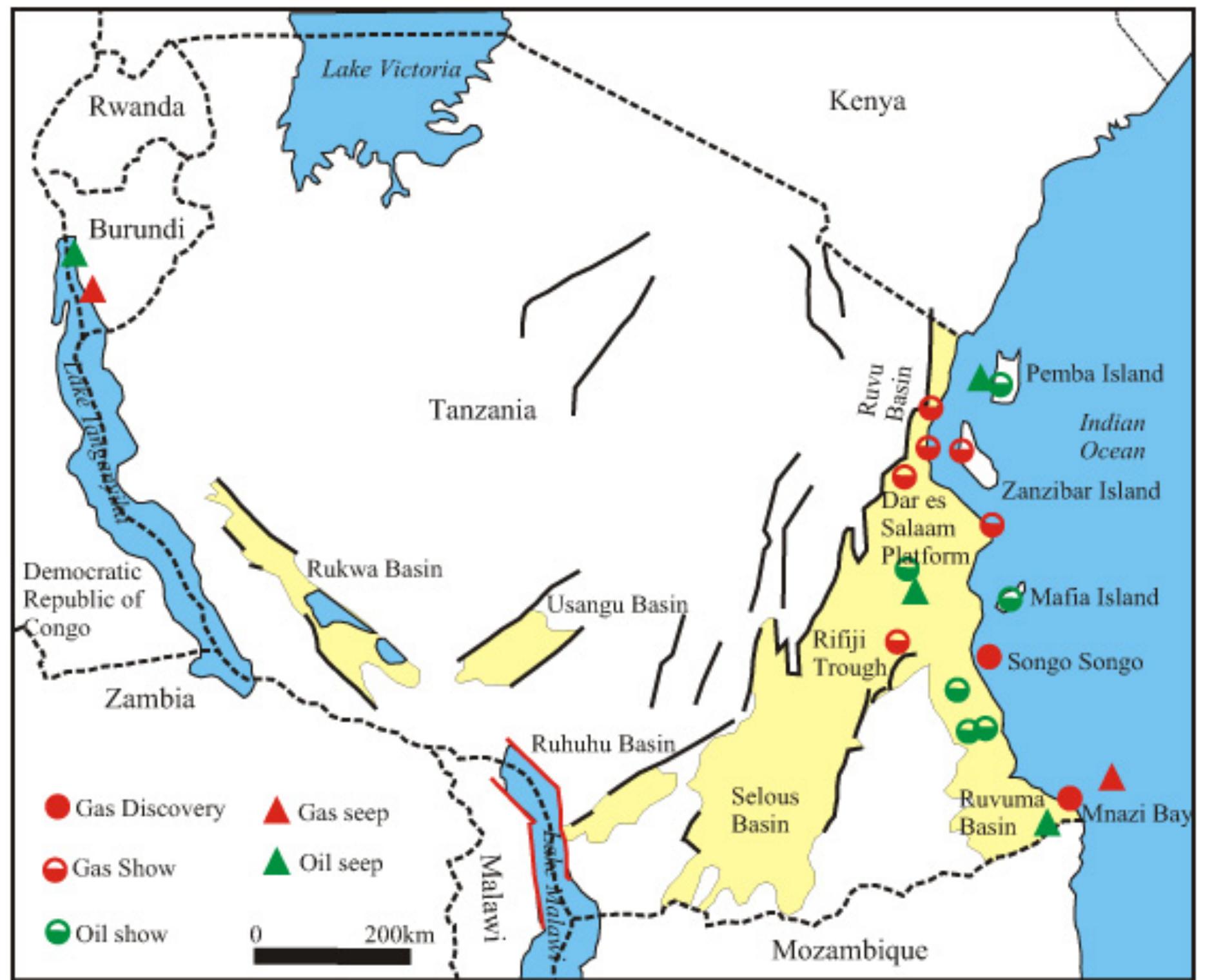 Basins and wells location map showing the gas discoveries