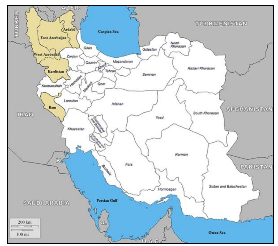 Map of iran showing the location of areas where the present
