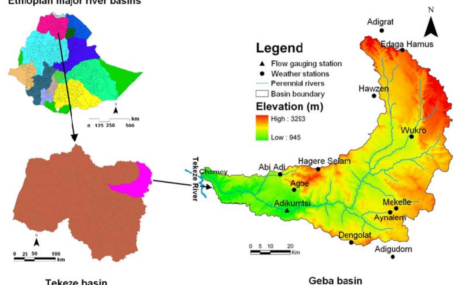 Map of the geba basin with topography and locations of