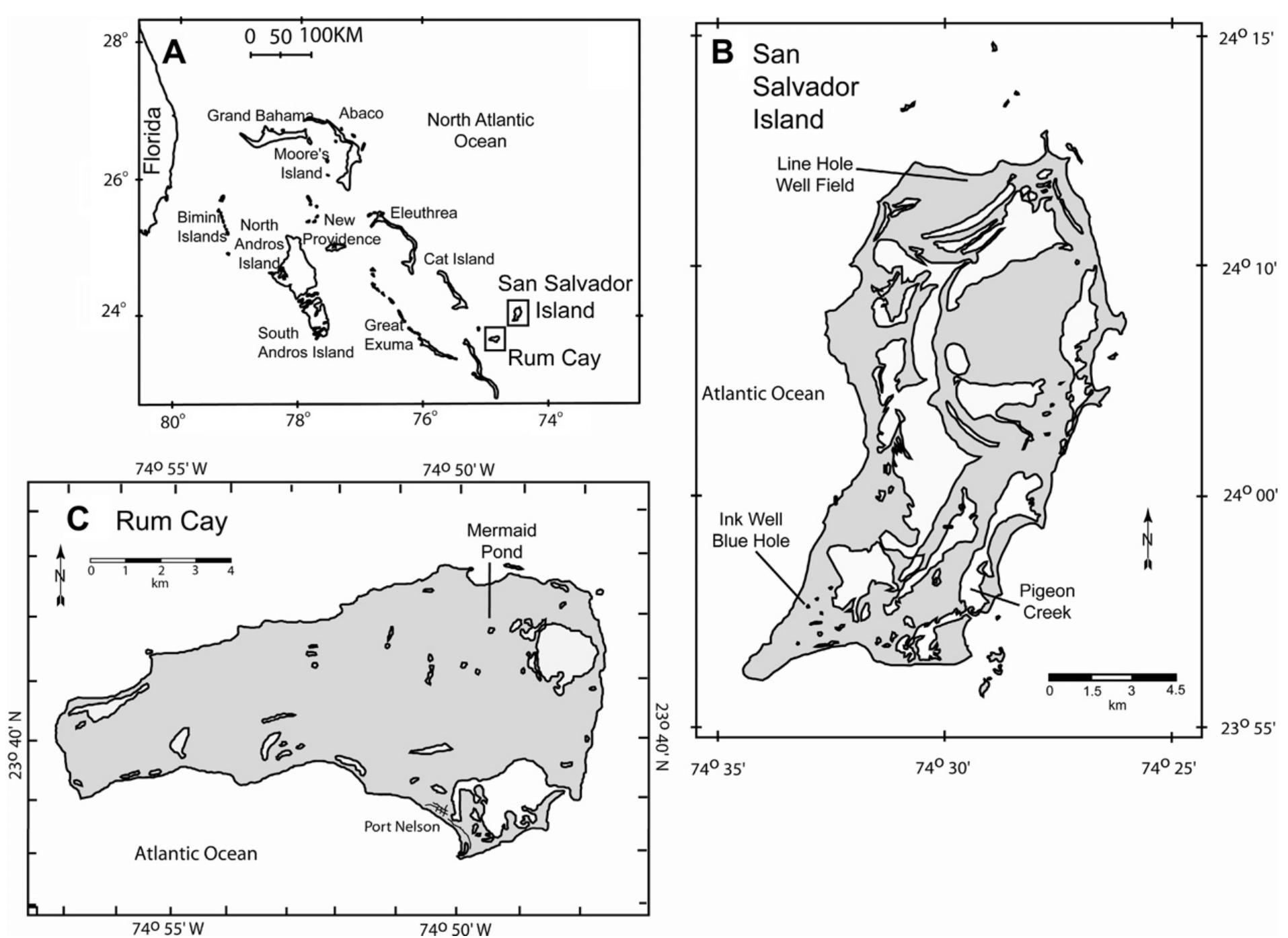 Location maps of (a) san salvador island and rum cay,