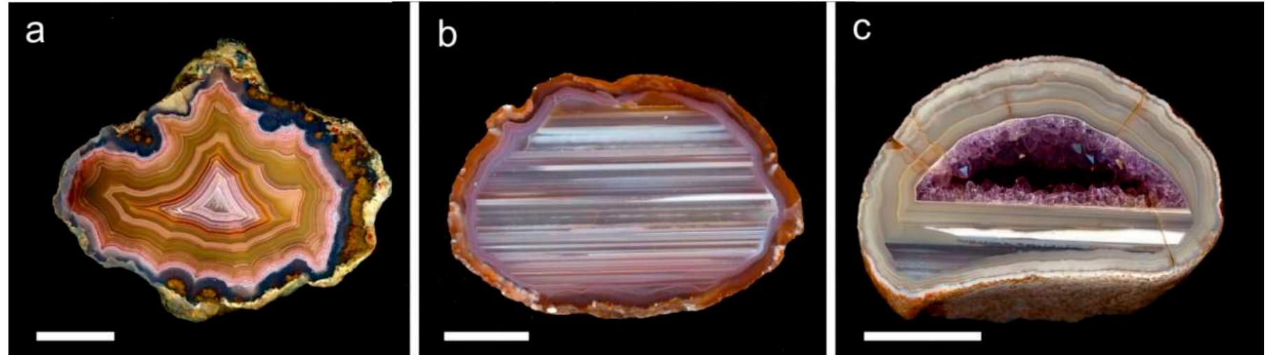 Examples for different types of banding in agates; (a)
