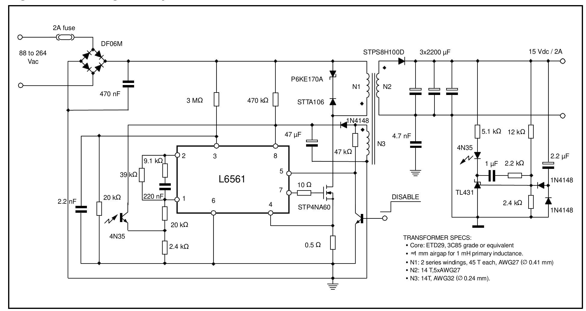 30w high-pf flyback with the l6561: electrical schematic