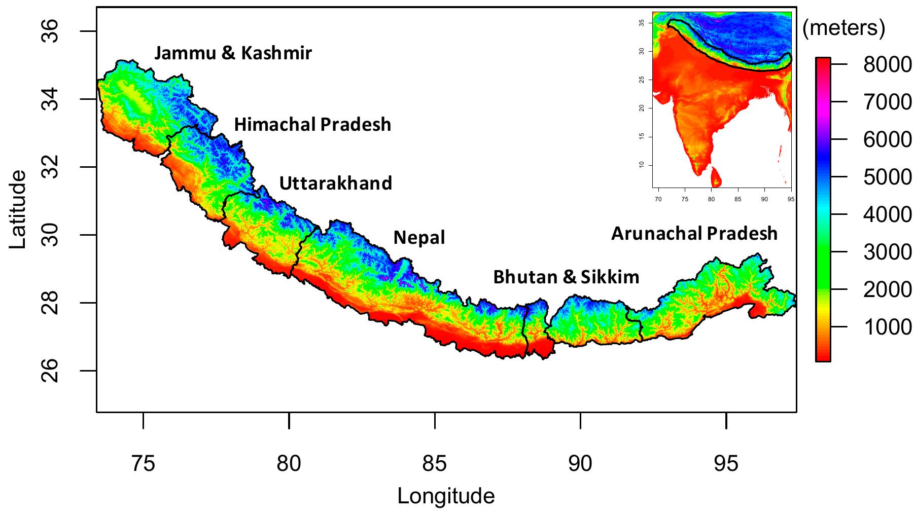 Map of the himalayan region with coordinates and elevational