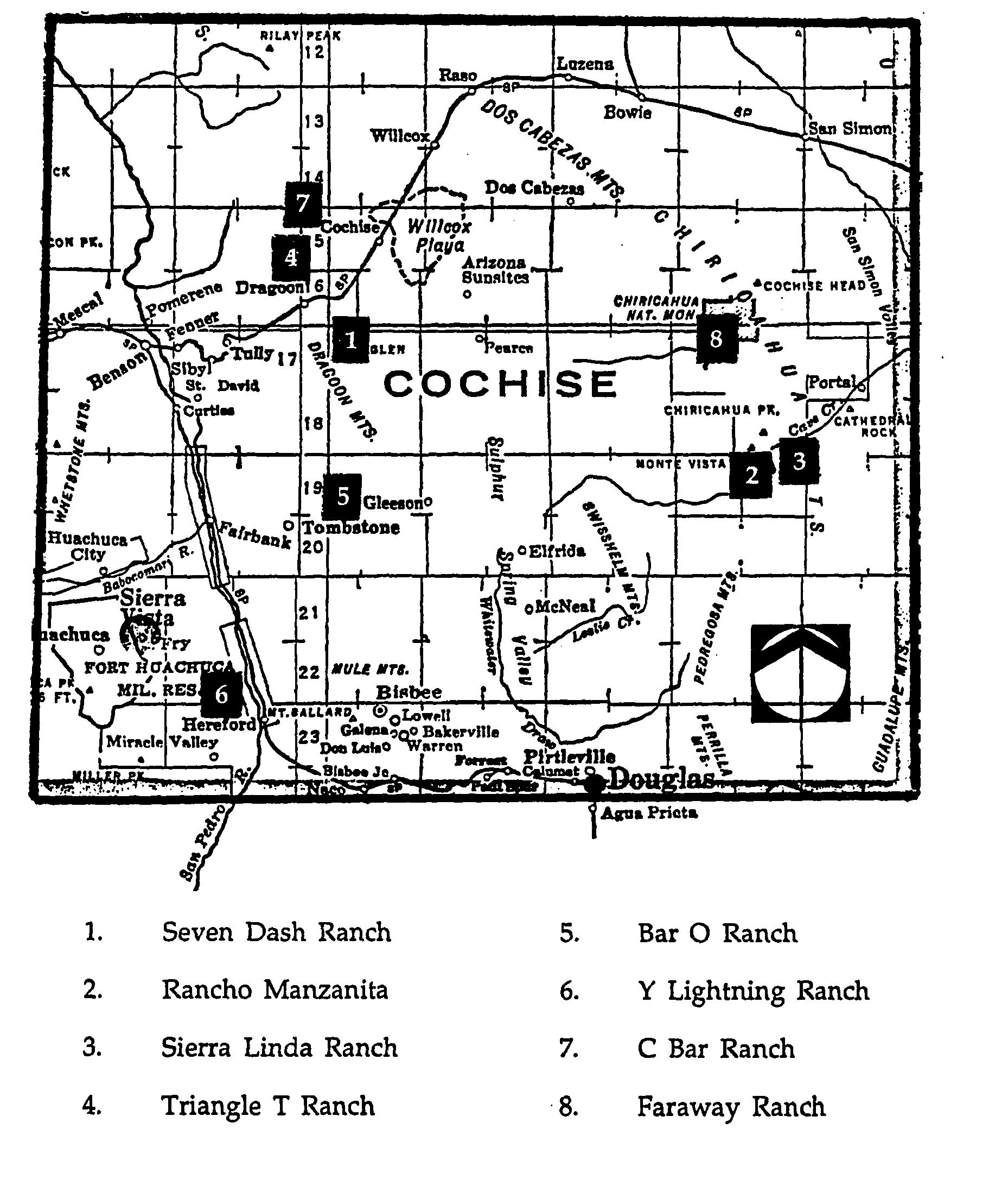 Map of cochise county indicating the locations of eight