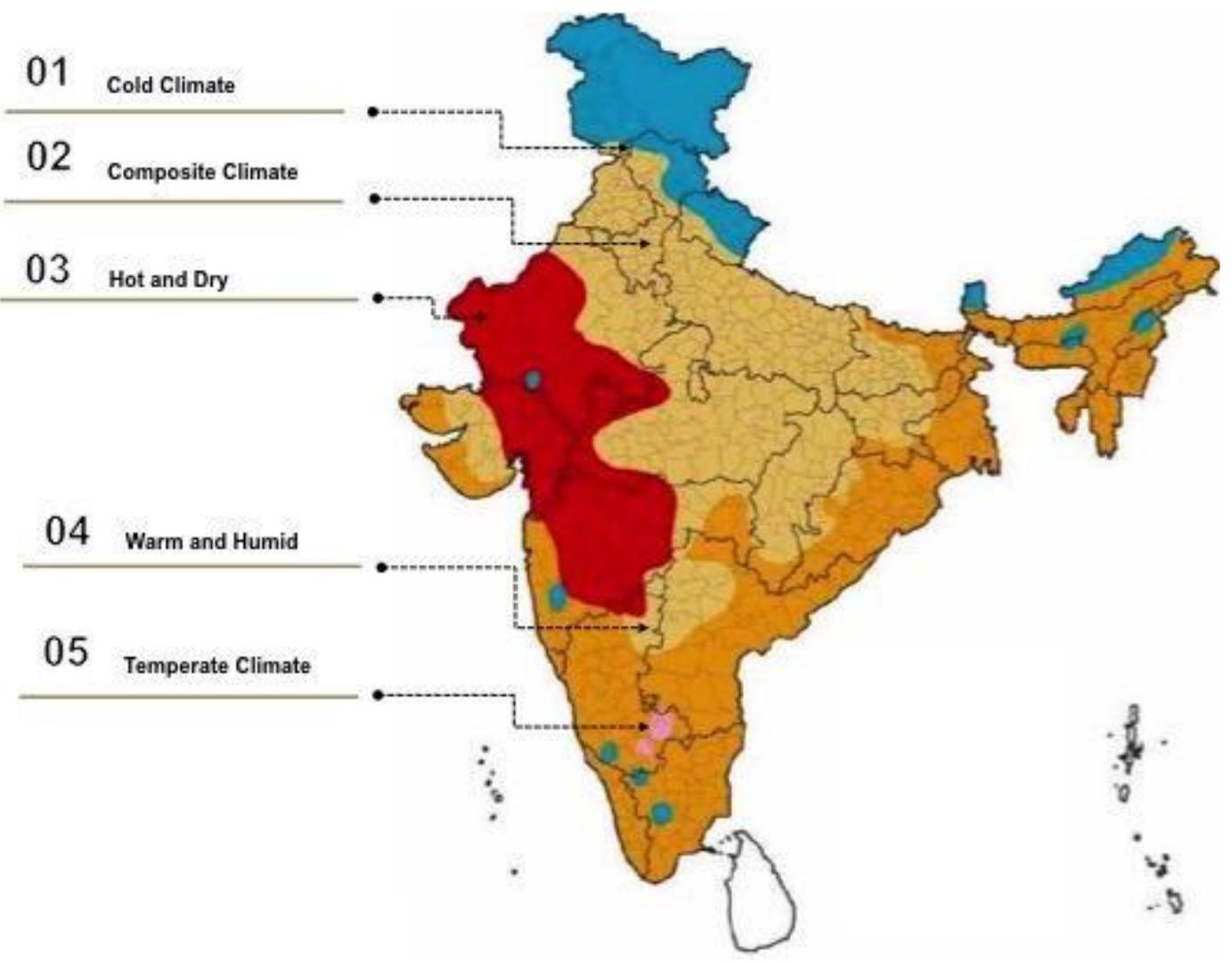 Map of india indicating the 5 climatic zones. source: ecbc