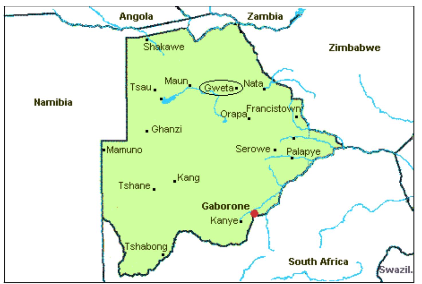 Map of botswana showing the location of the study area