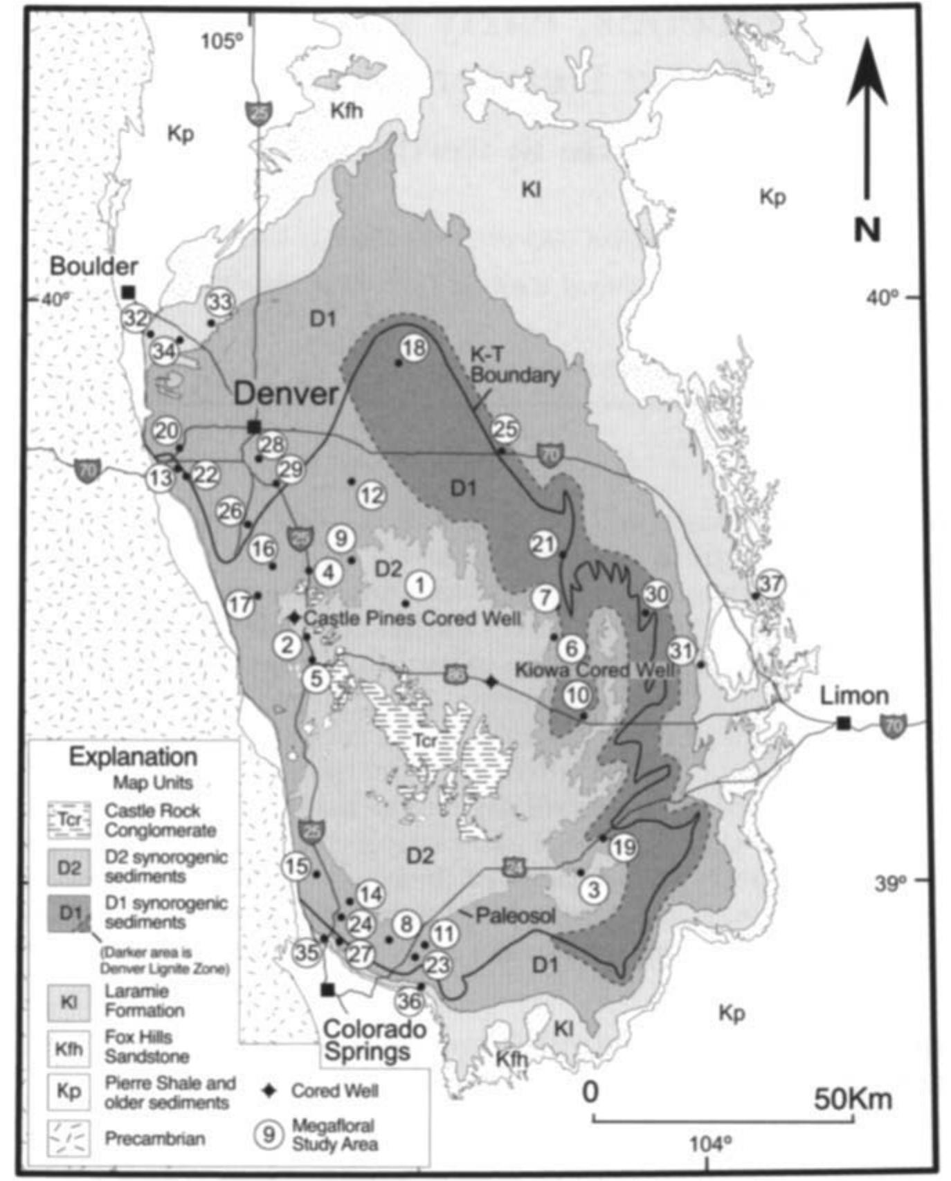 Map of denver basin showing outcrop of pierre shale, fox