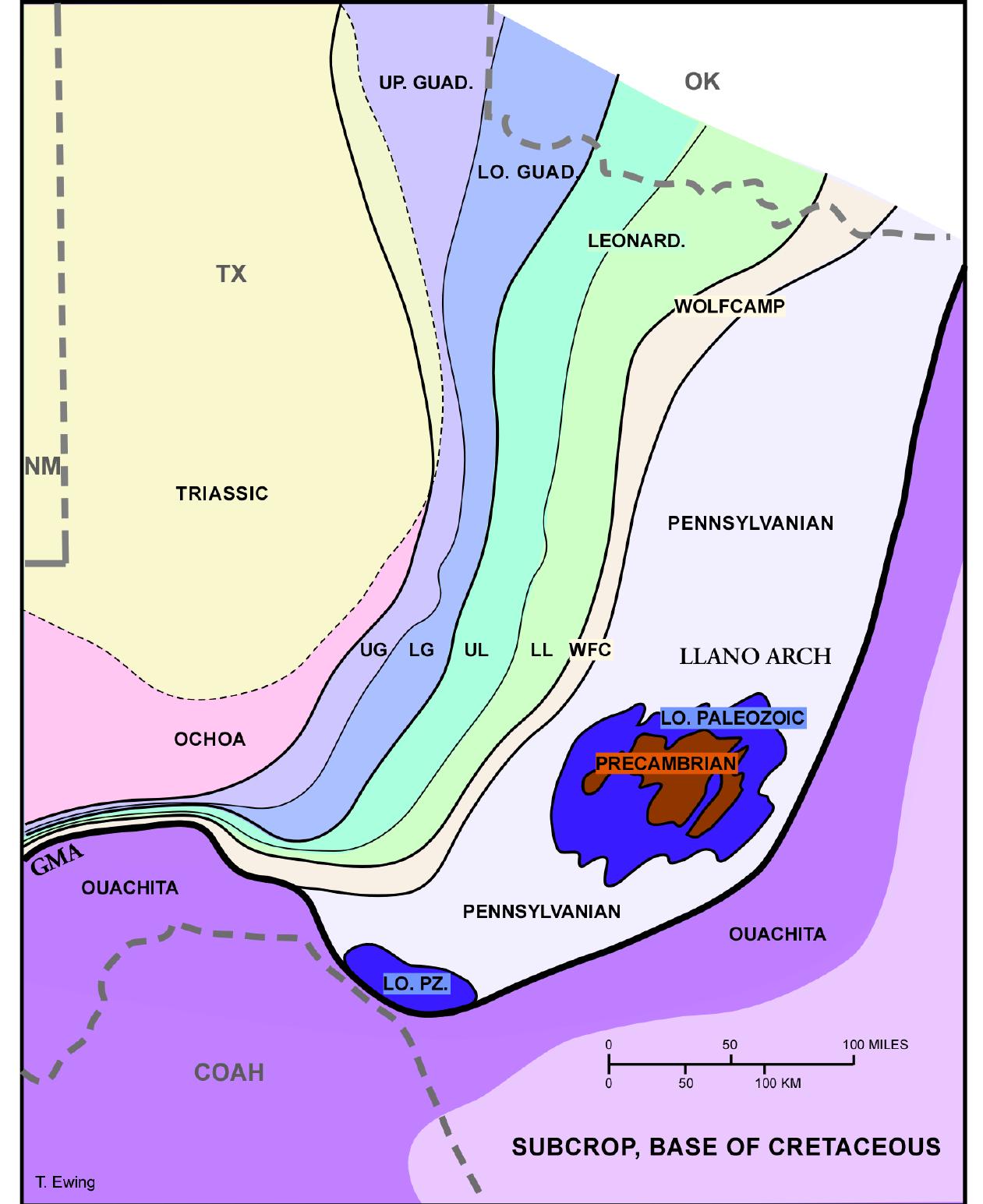 Sub-cretaceous subcrop map of the llano area (the eastern