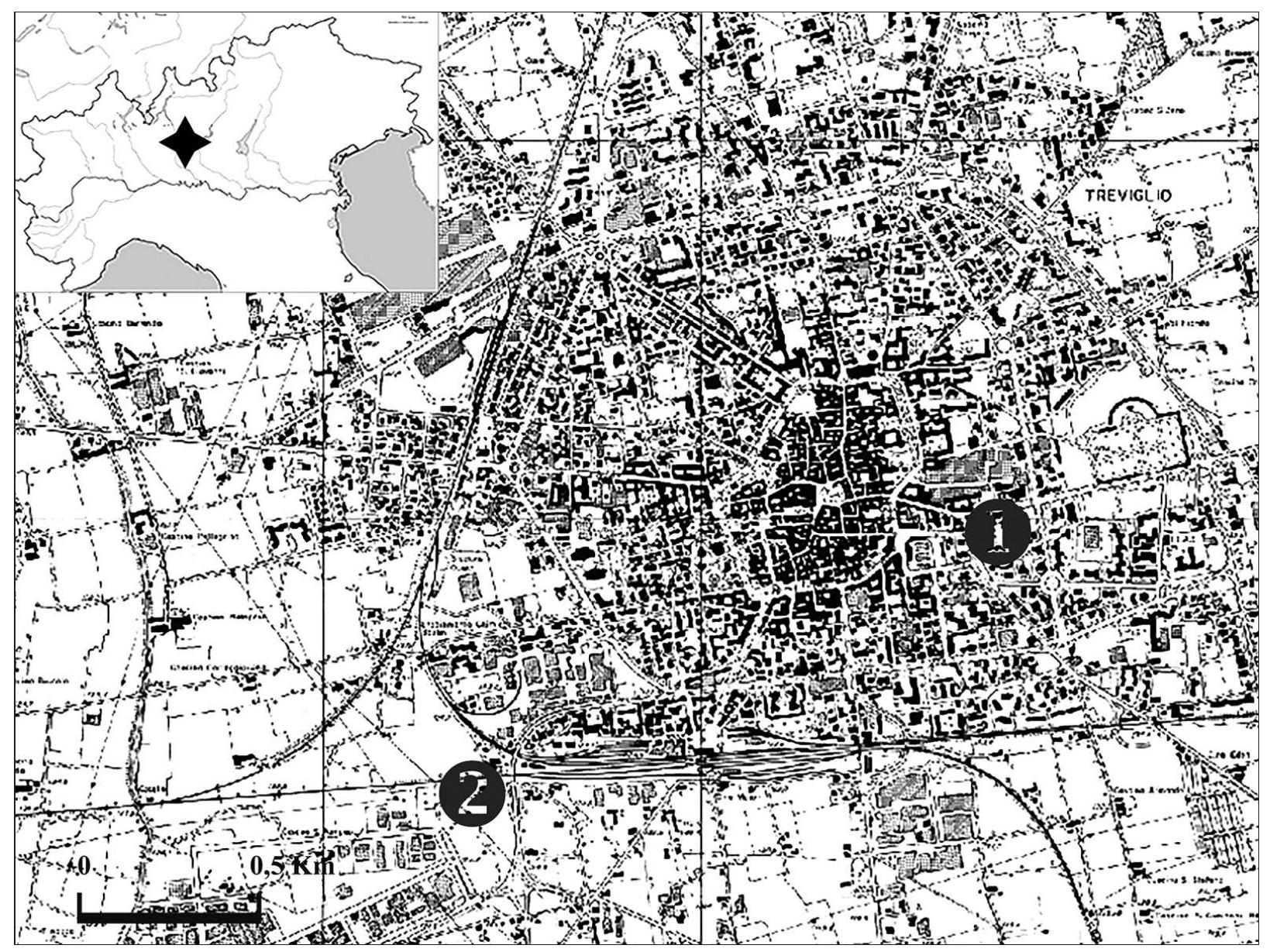 - map of the treviglio area. 1. via xxiv maggio 17; 2. campo