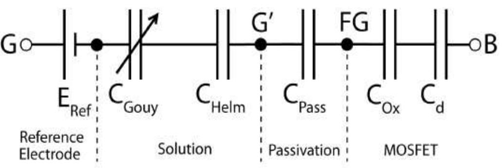 Isfet capacitive model including unmodified cmos passivation