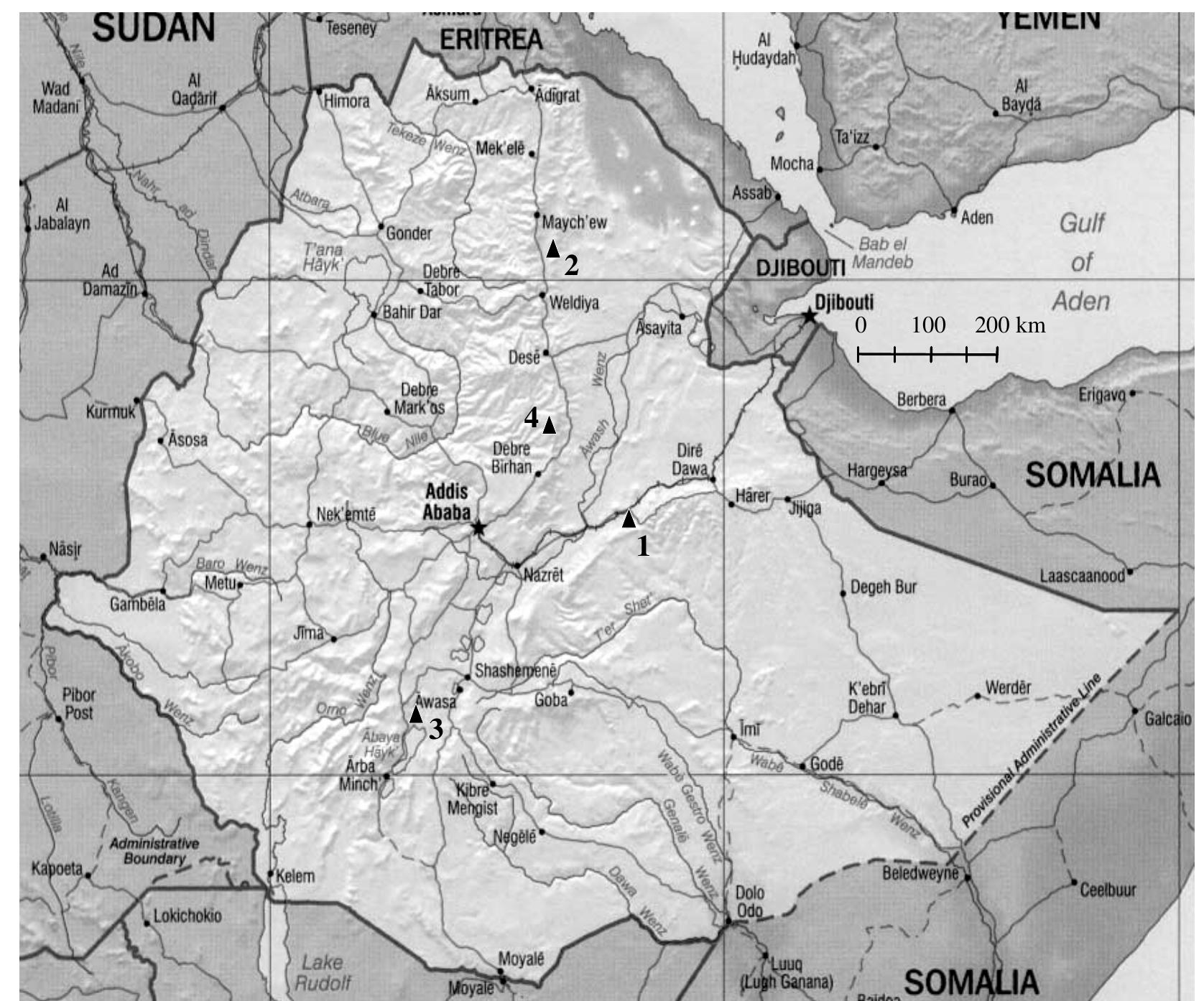Map of ethiopia showing location of research sites for