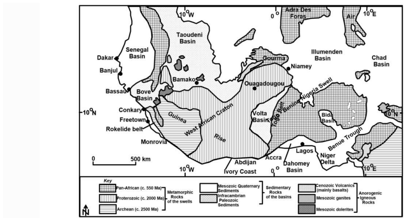 Geological map of west africa showing orogenic belts after