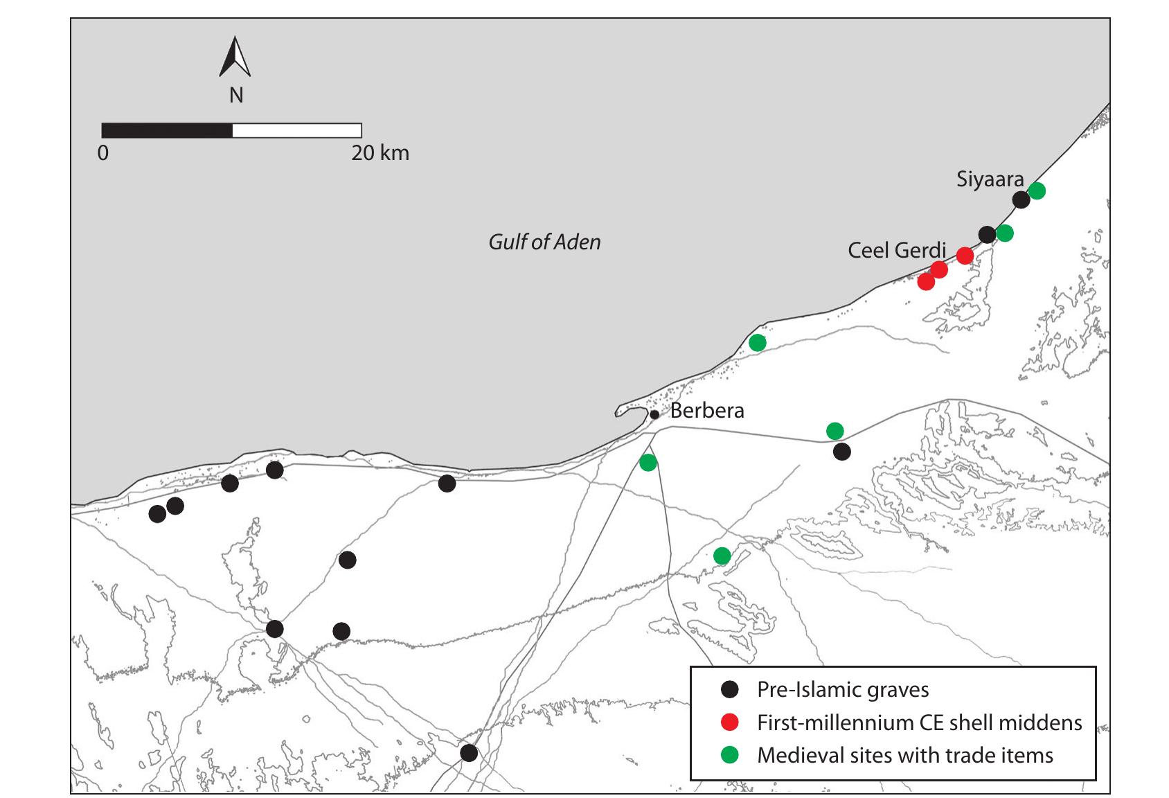 Map of berbera with pre-islamic and medieval sites and shell