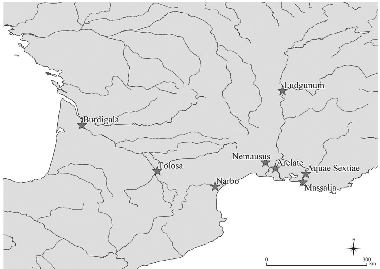 1. map of southern gaul showing the location of the cities