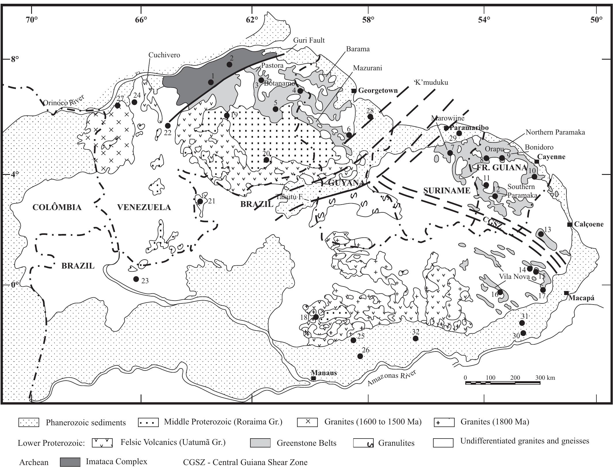 - schematic geological map of the guiana shield showiong the