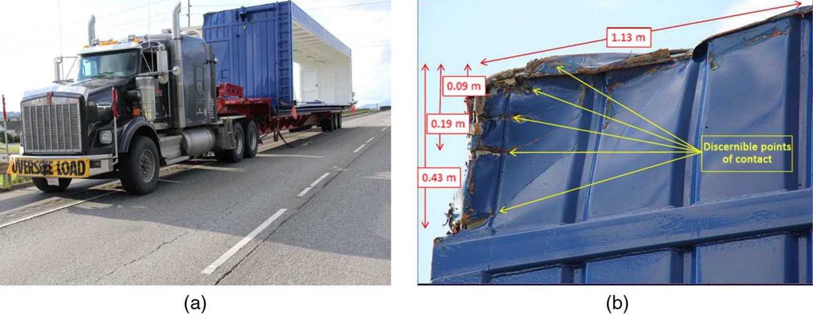 Overheight truck photographs (reprinted from ntsb 2014): (a)