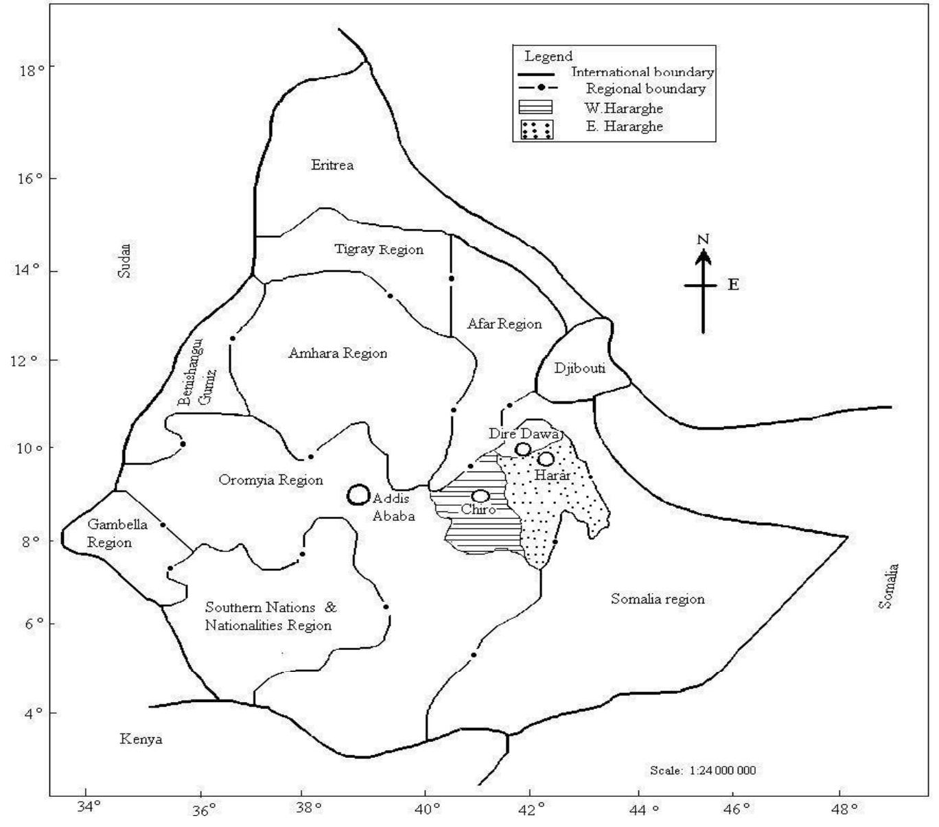 Map of ethiopia indicating survey zones of hararghe region.