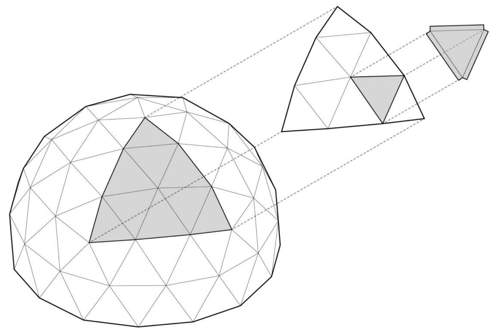 Example of a geodesic dome with cardboard module’s detail.