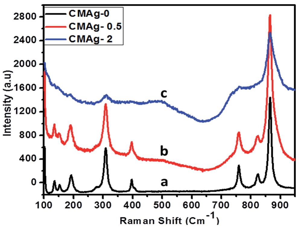 Raman spectra of (a) cmag-0, (b) cmag-0.5, (c) cmag-2.