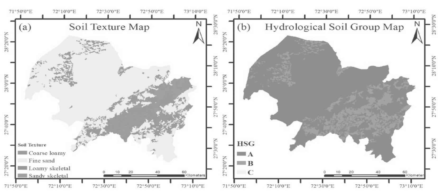 (a) soil texture map and (b) hydrological soil group map