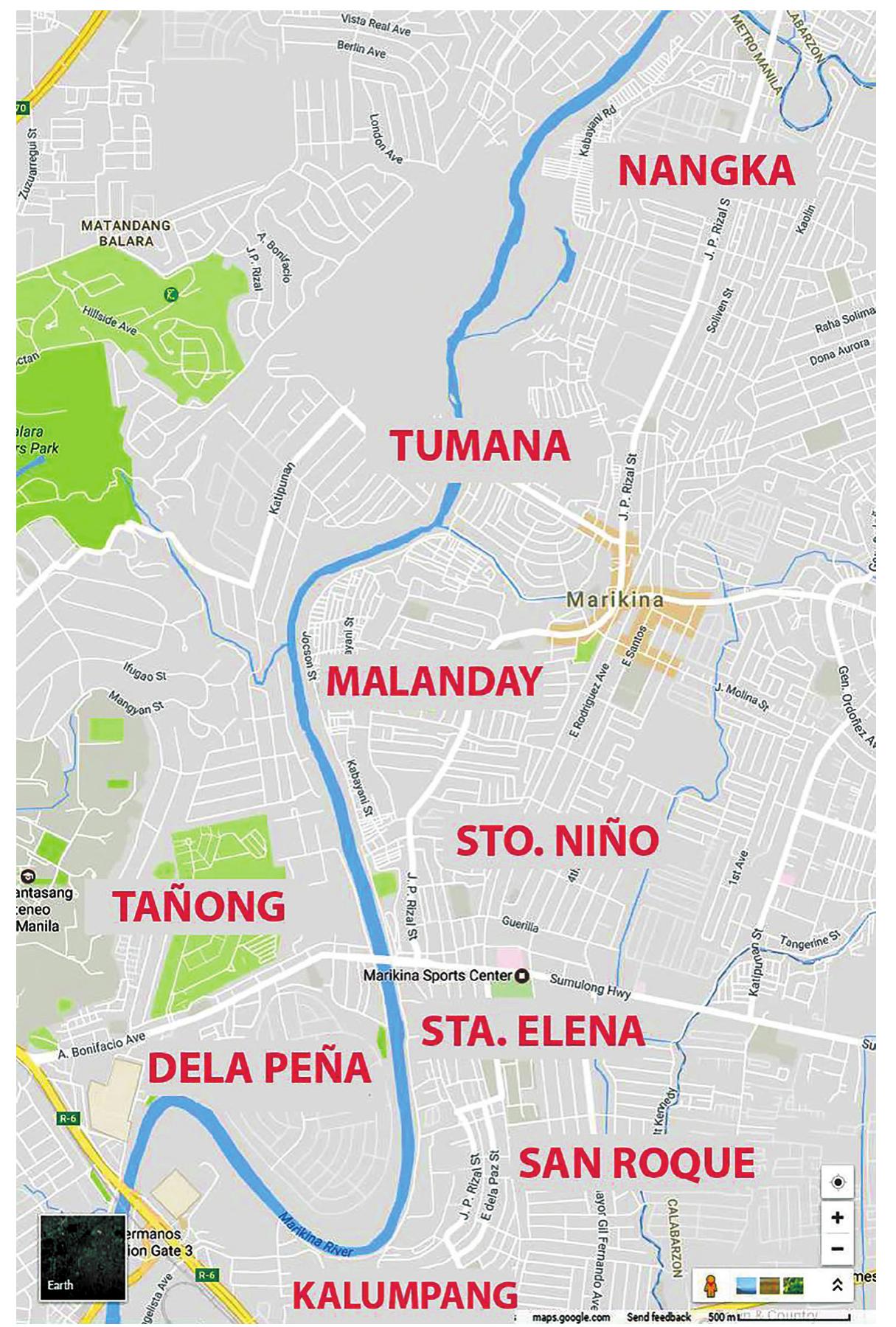 Map of barangays near marikina river.