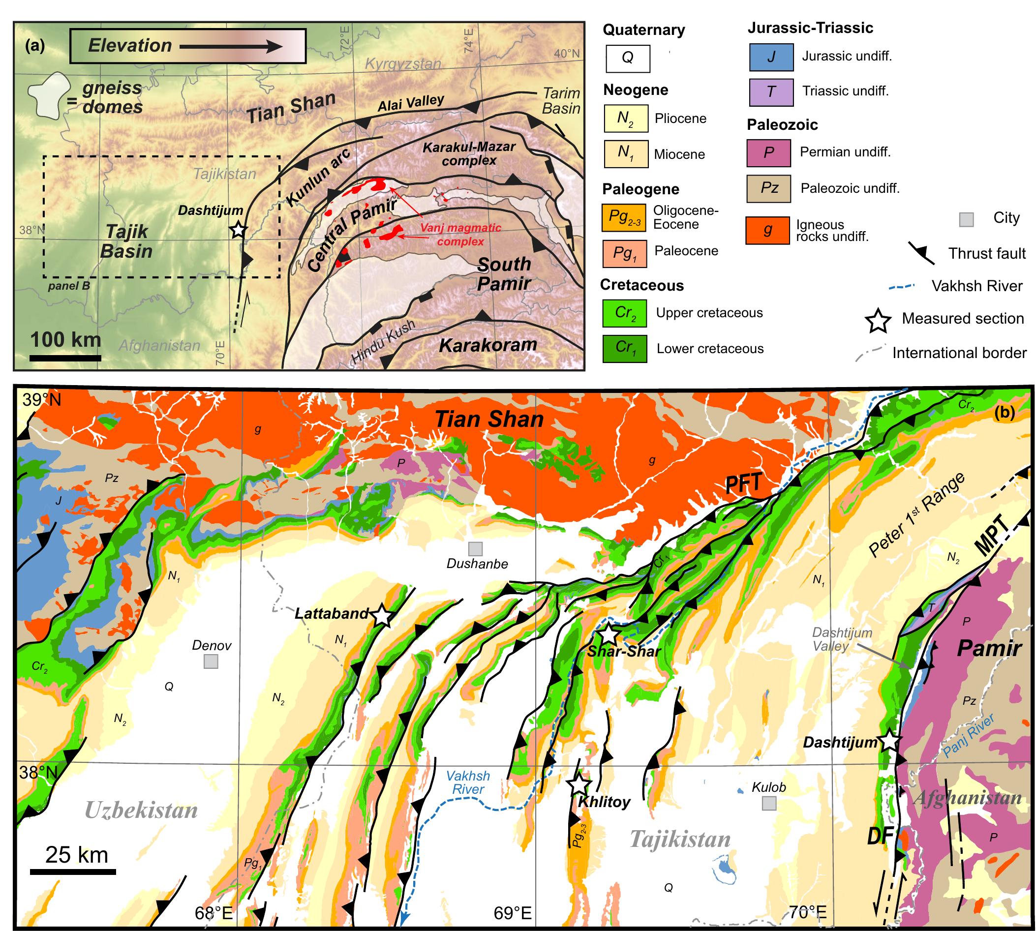 (a) overview map of the pamir mountains and tajik basin. (b)