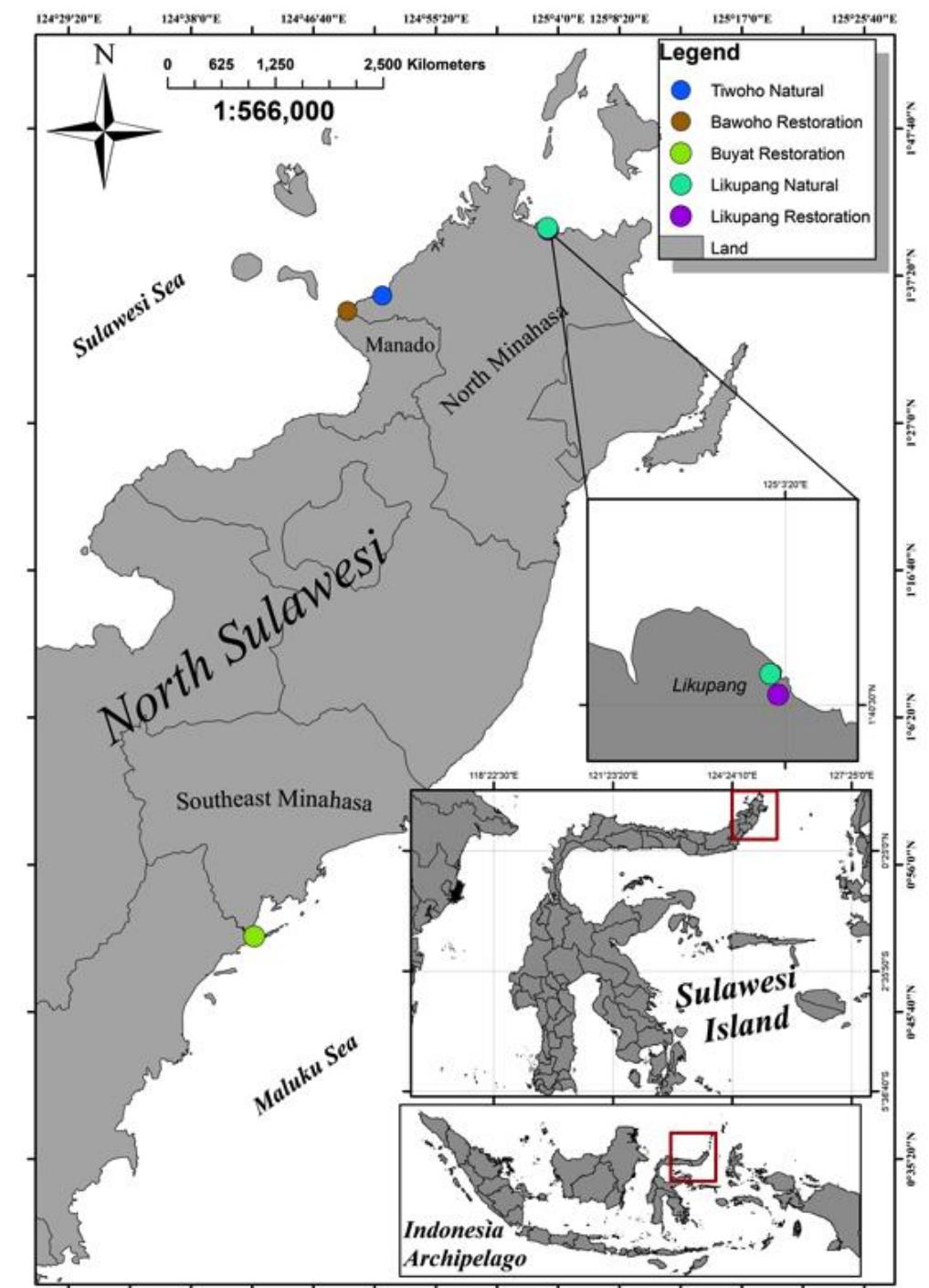 Map of the study areas in the manado, north sulawesi,