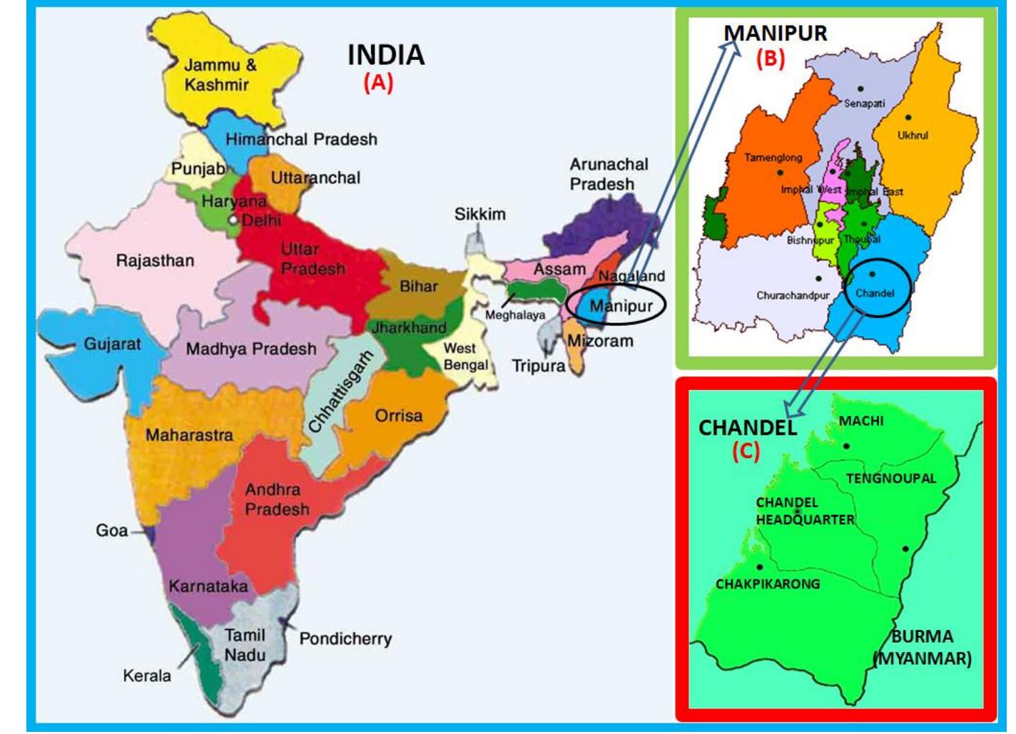 (a) map of india, manipur is encircled. (b) enlarged map of