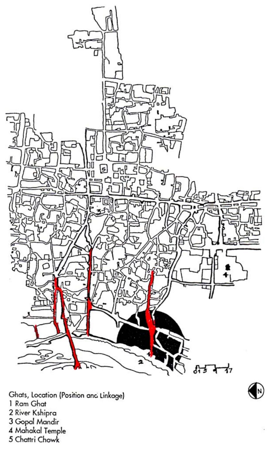 Plan showing approach routes to the ghat area the continuity
