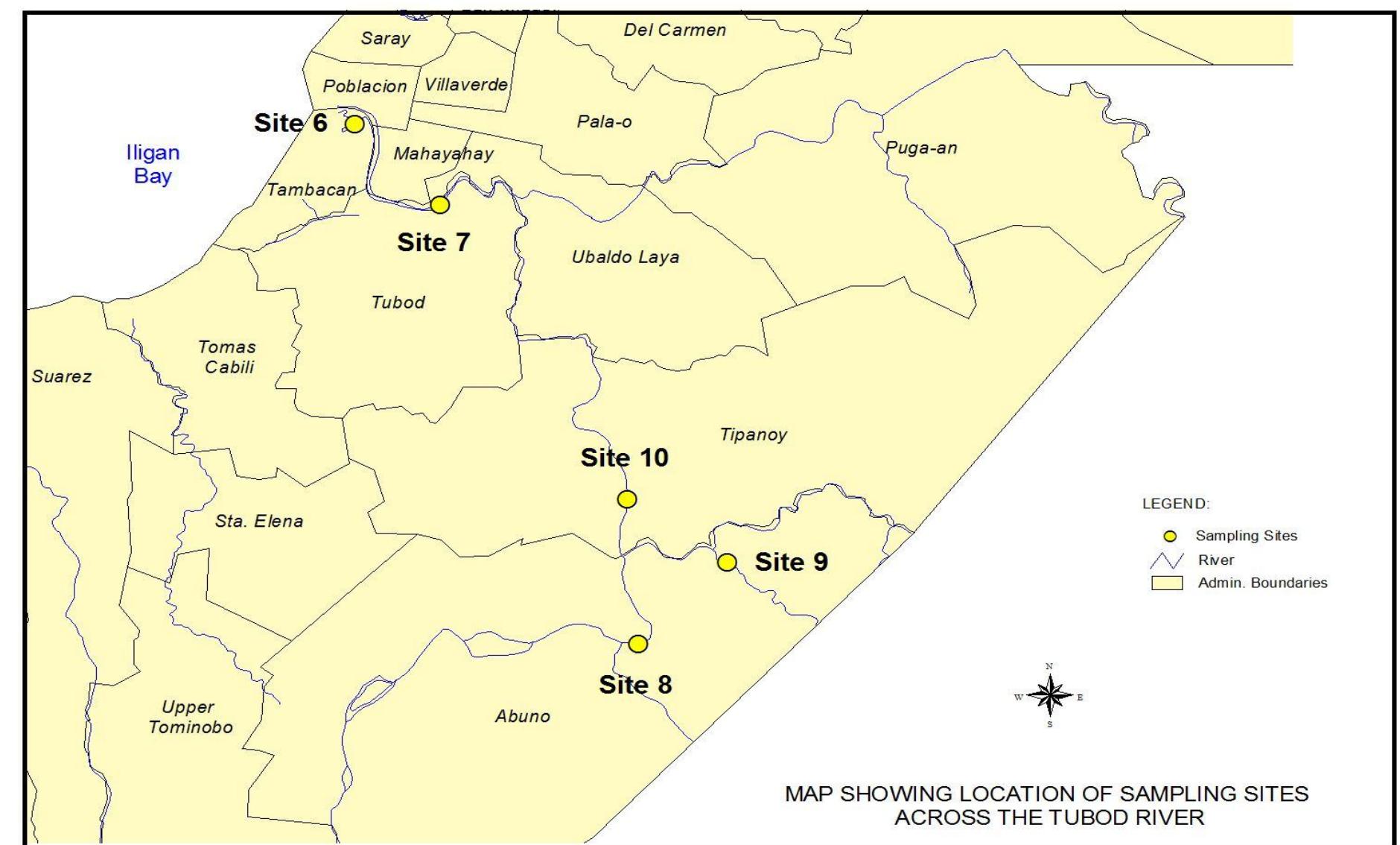 Map showing the sampling sites in iligan (tubod) river,