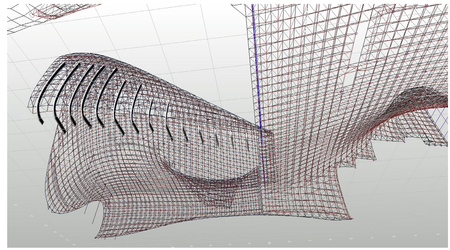 Complete space frame model, museum (1) and library (r), view