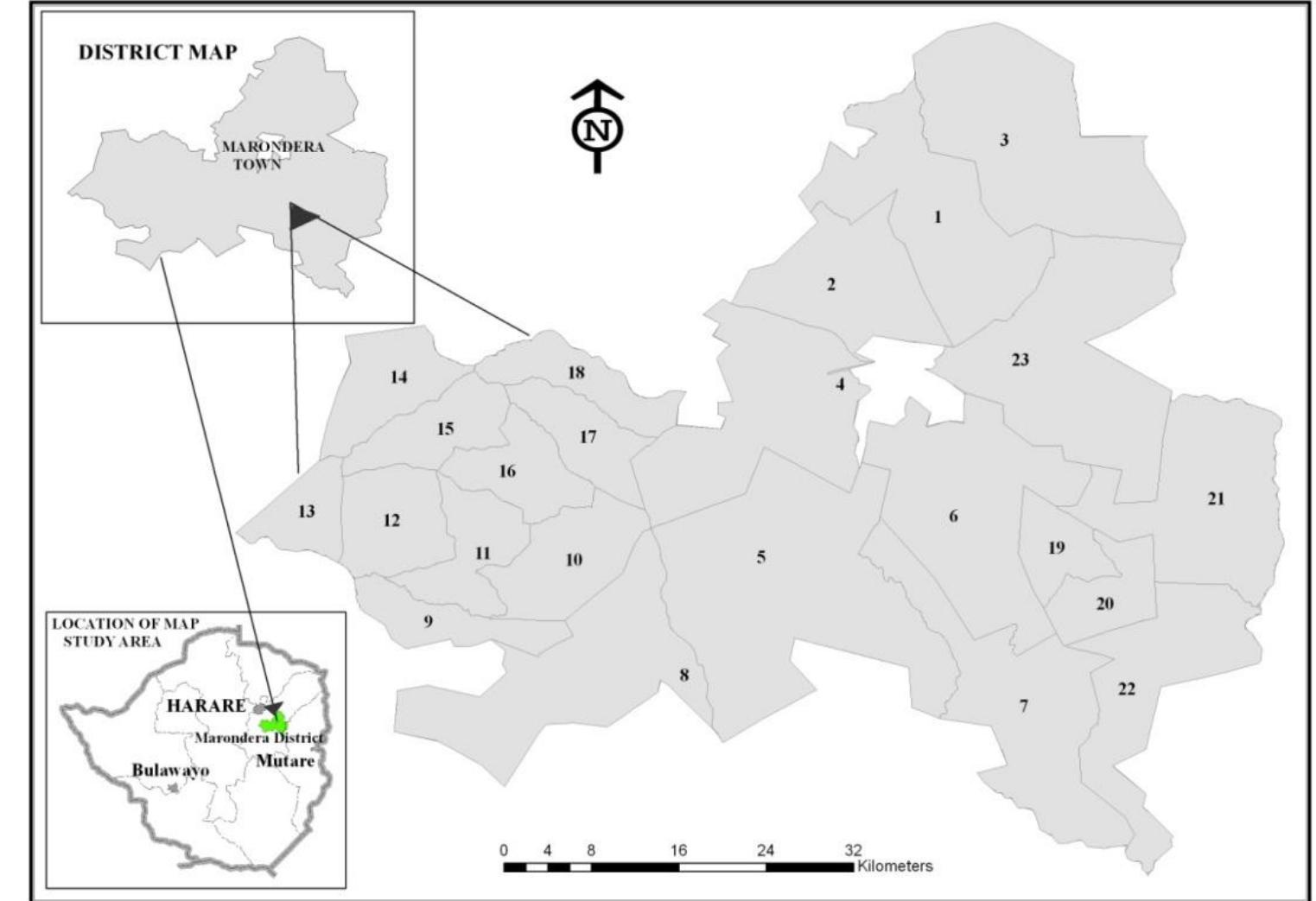 Showing the map of marondera district. farming in the form
