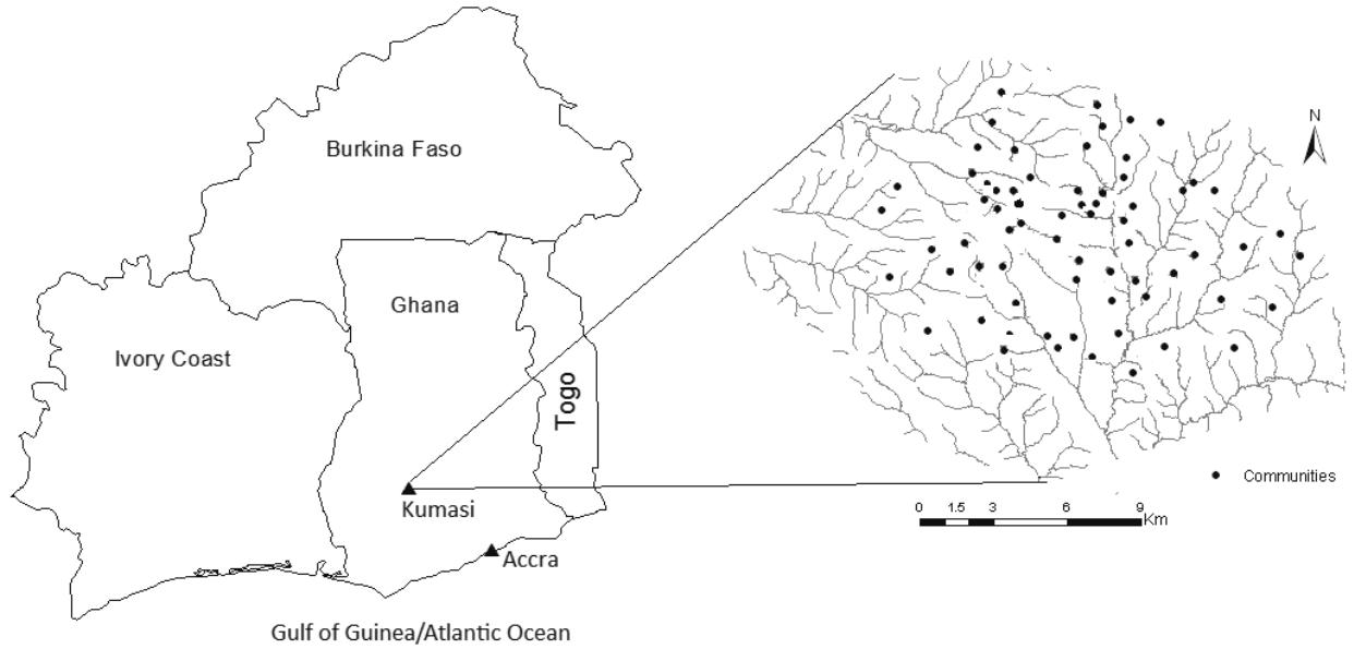 1: district map of ghana (left), and kumasi (right). dots