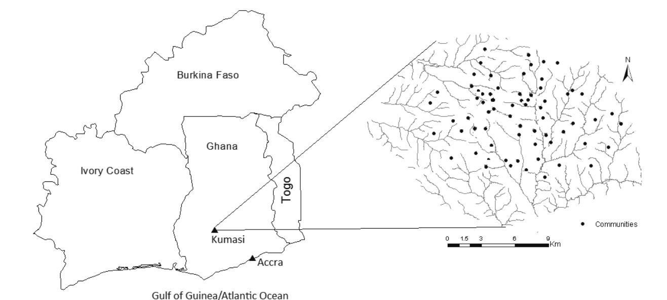 1: district map of ghana (left), and kumasi (right). dots