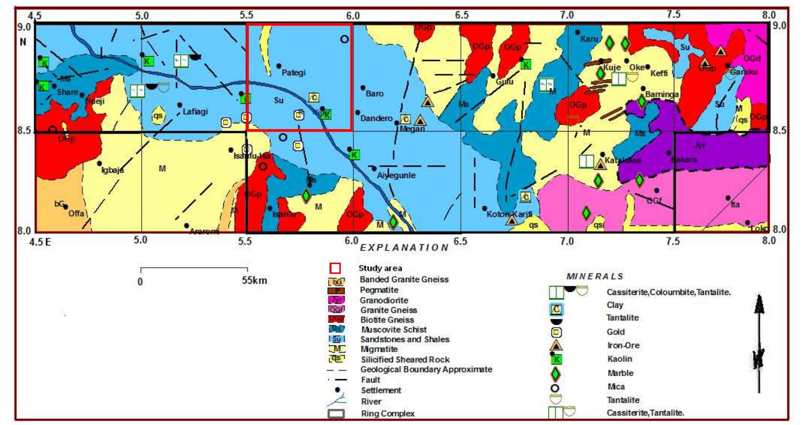 Geological and mineral map of the survey area (adapted from