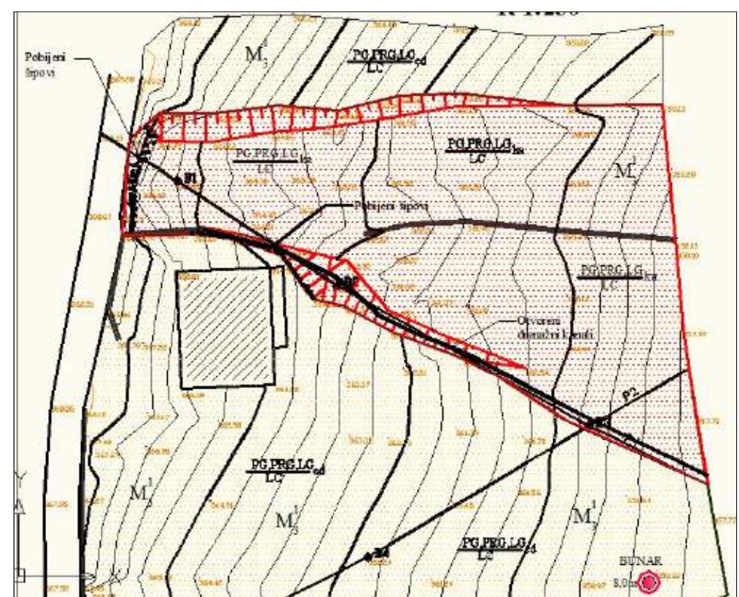 Map with the borders of landslide in engineering and
