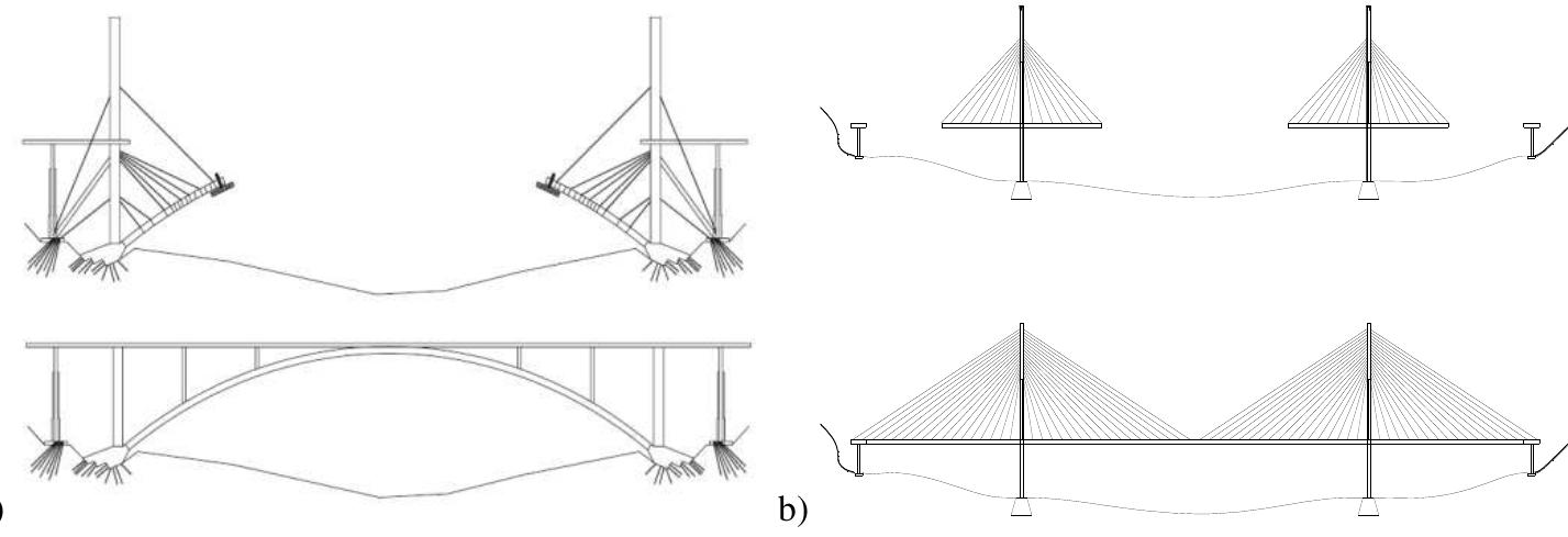 Cantilever construction of cable structures: a) arch bridge,