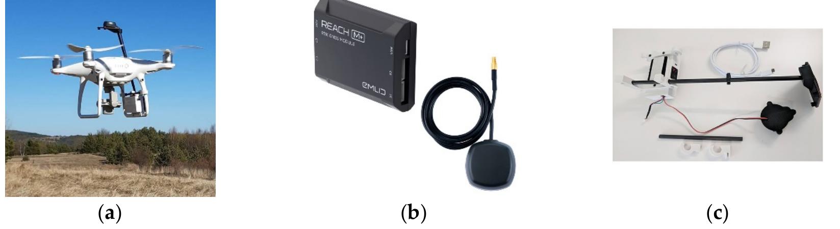 , uav and ppk-gnss module: (a) phantom 4 pro ; (b) emlid