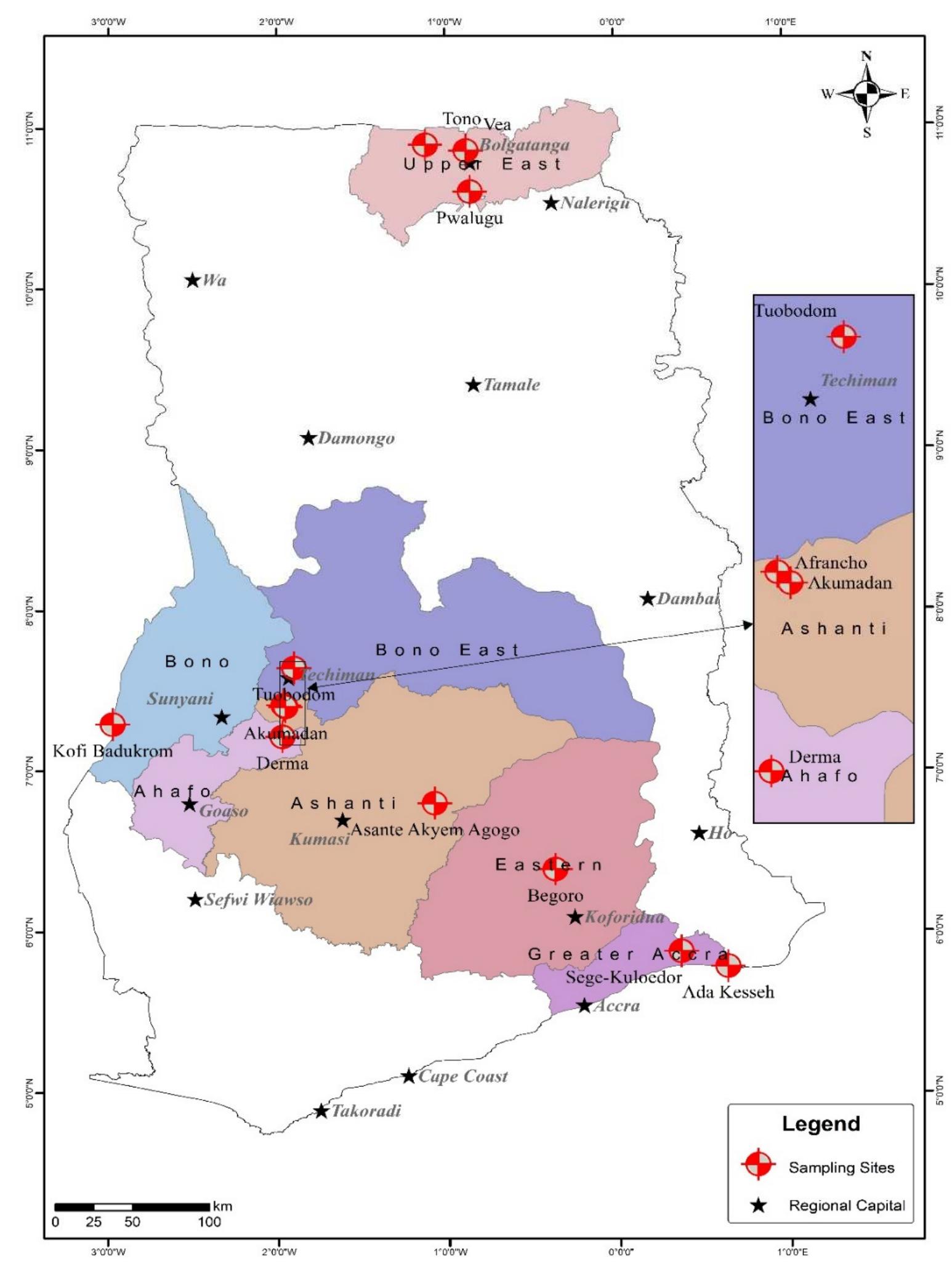 Map of ghana showing study regions of high tomato