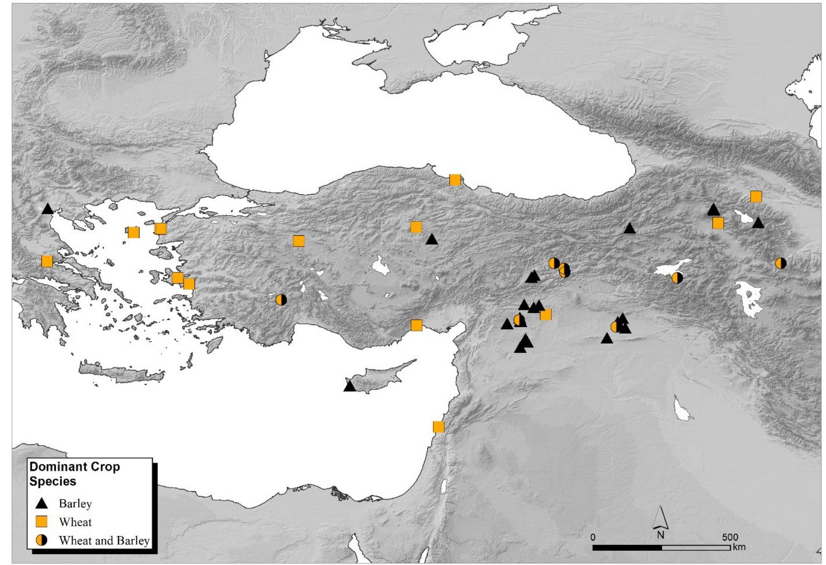 Map showing the dominant (by mni) domestic crop species at