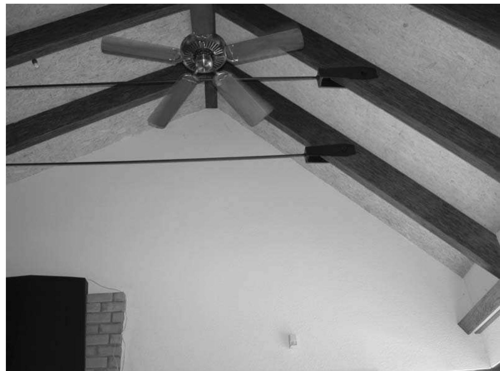 3 exposed beam ceiling inside of 45° slope roof.