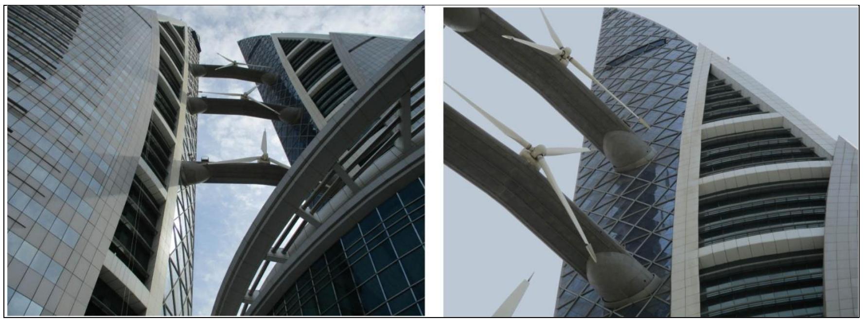 Bahrain world trade center: three wind turbines supported on