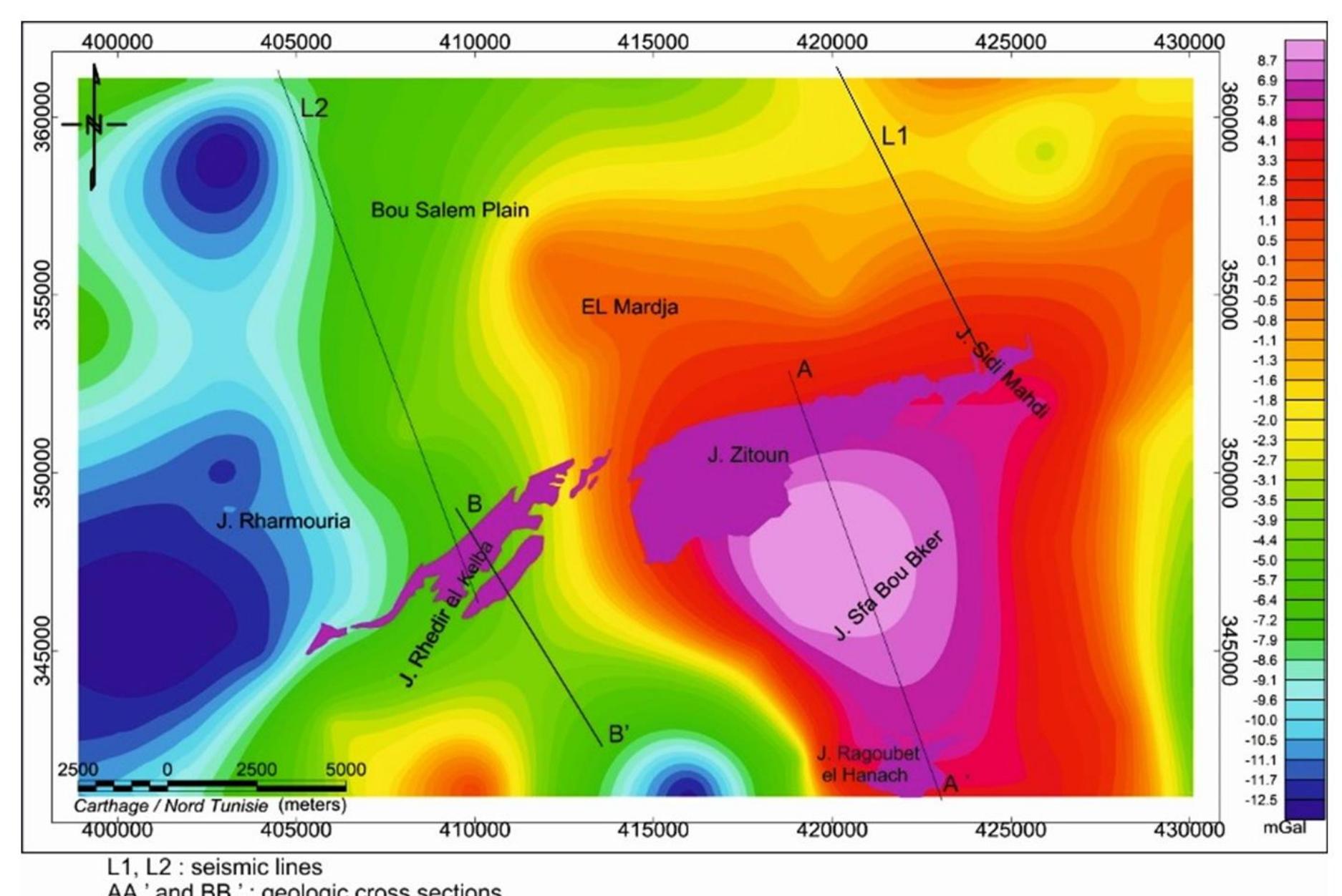 ) complete bouguer gravity anomaly map of the study zone.