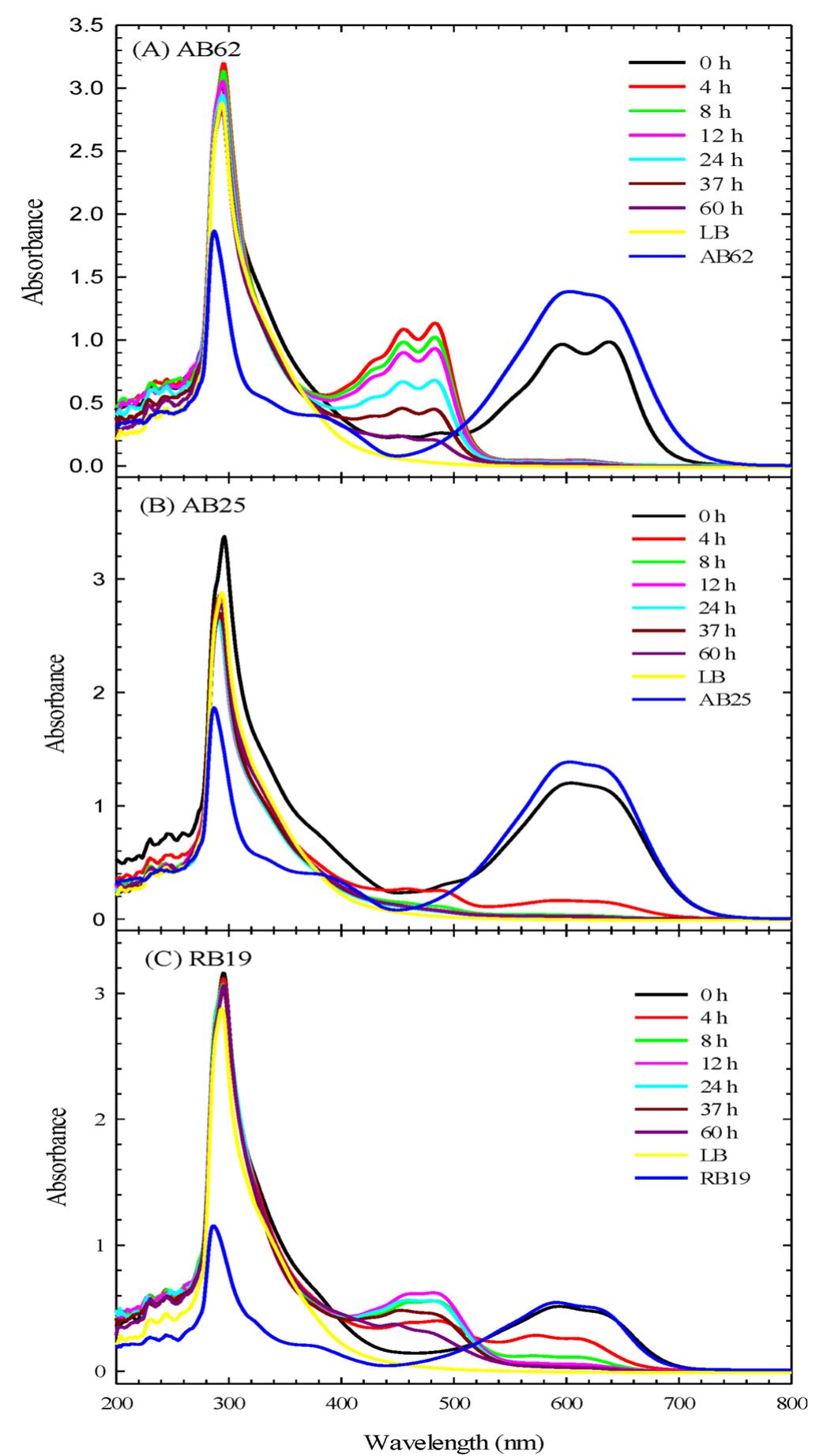 Variation of uv-vis spectra before and after decolorization