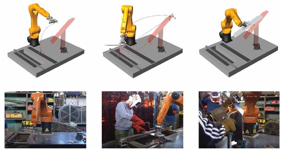 These images detail the robotic process of moving metal from