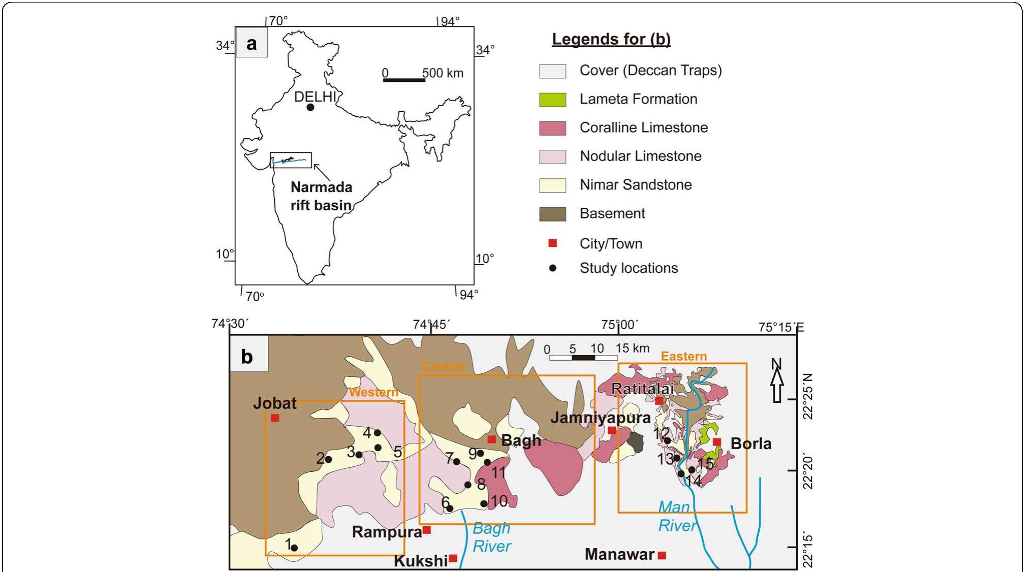 A map of india showing location of the narmada rift basin; b